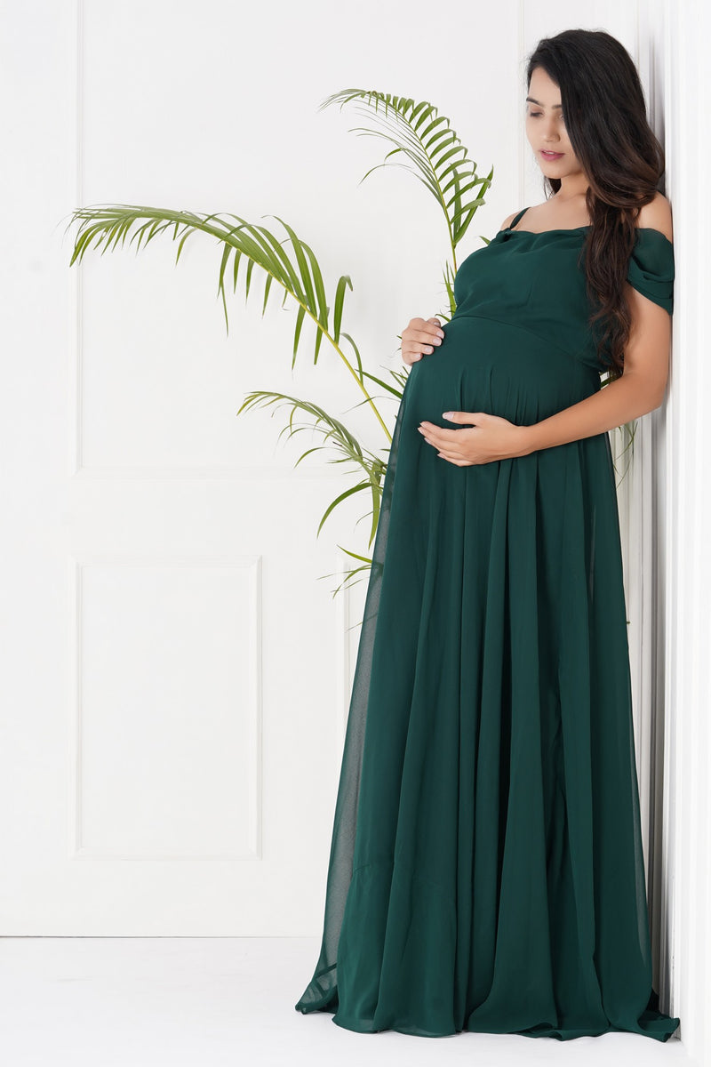 Timeless Elegance: Emerald Green Maternity Gown with Cold Shoulder ...